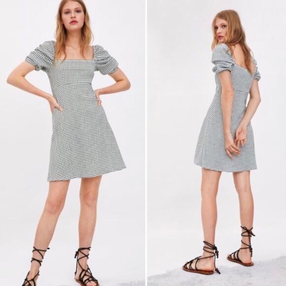 Zara | Dresses | Zara Square Neck Puff Sleeve Plaid Mini Dress | Poshmark